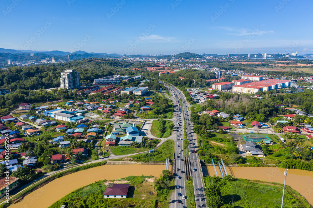 Aerial drone image of beautiful rural town local lifestyle houses ...