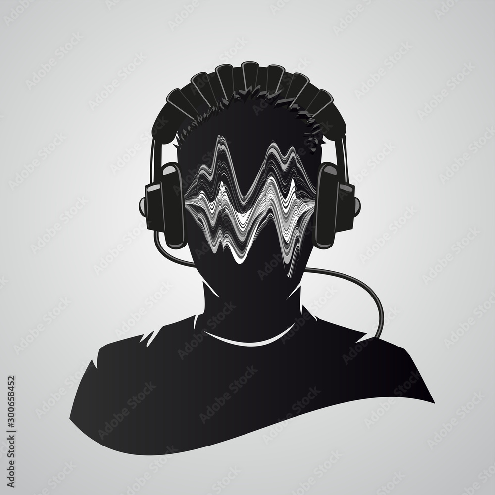 Music dj head with headphones. Human face with audio waves. Man ...