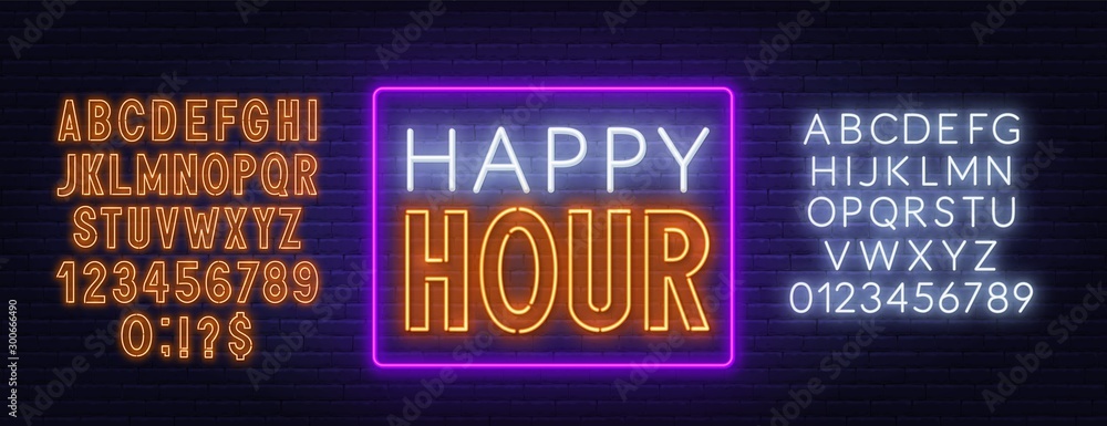 Happy hour neon sign on dark background. Template for design with fonts ...