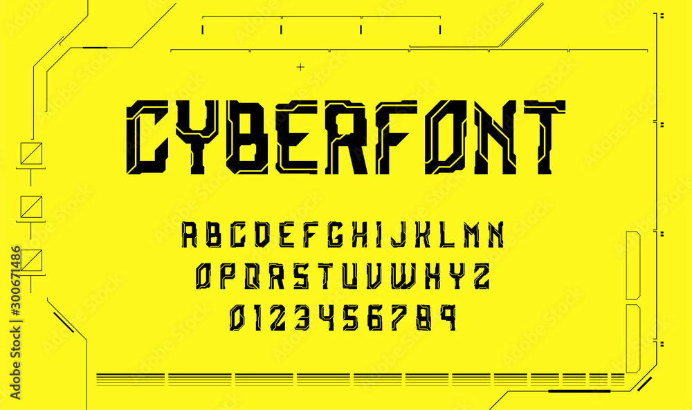 Cyberpunk technological font. Sci fi letters and numbers. Futuristic ...