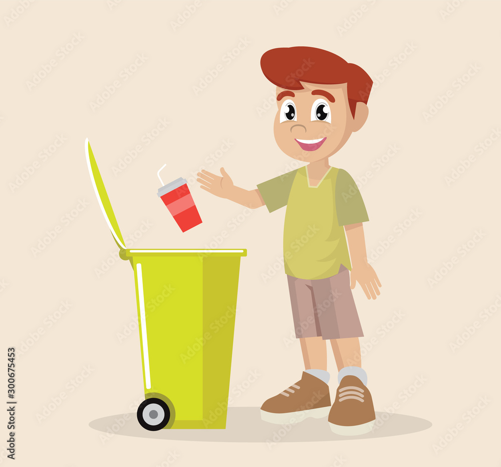 Cartoon character, Boy Put Plastic Waste In Recycling Garbage Bin ...