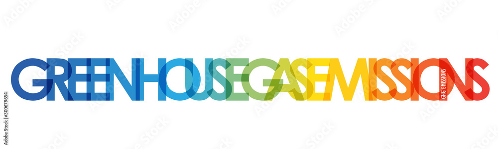 GREENHOUSE GAS EMISSIONS vector typography banner with blue to orange ...