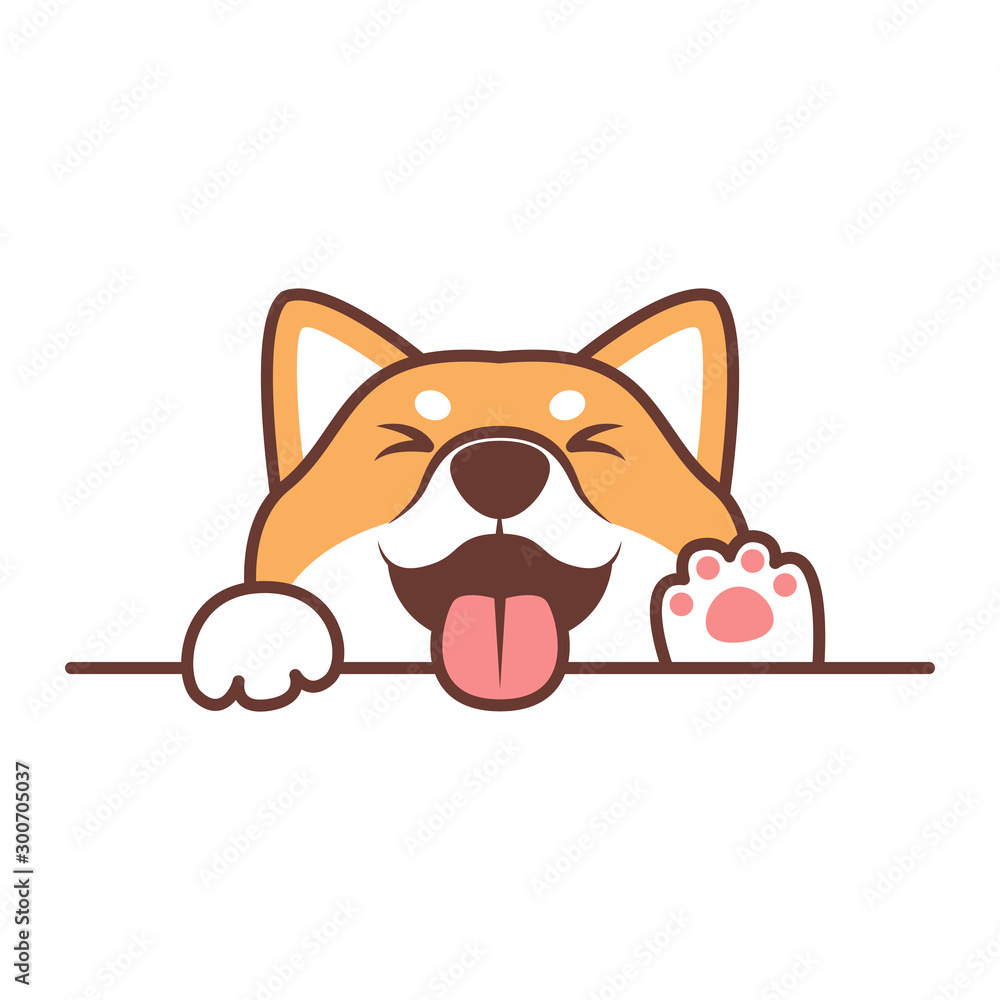 Funny shiba inu dog paws up over wall, dog face cartoon, vector ...