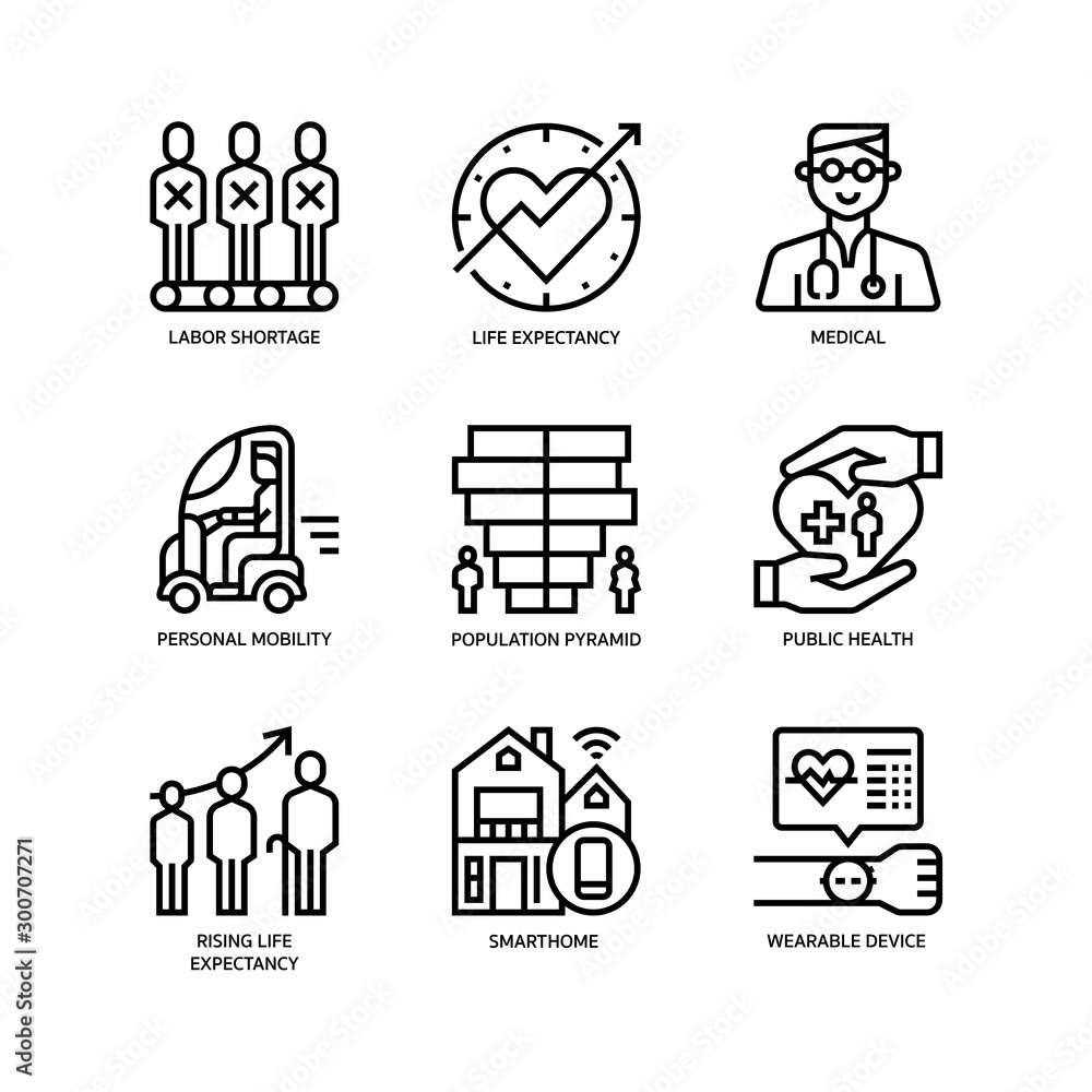 Ageing Society icons set Stock Vector | Adobe Stock