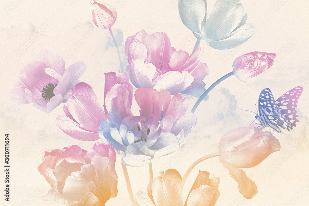 Bouquet of spring garden flowers tulips and butterfly. Floral ...