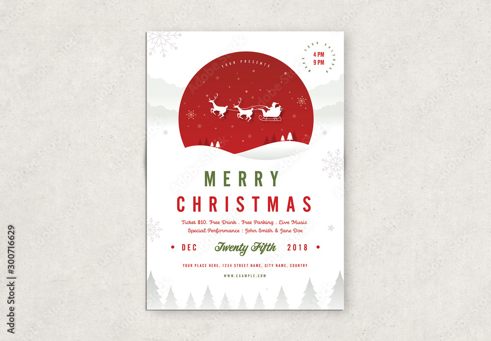 Christmas Party Flyer Layout with Flying Sleigh Stock Template | Adobe ...