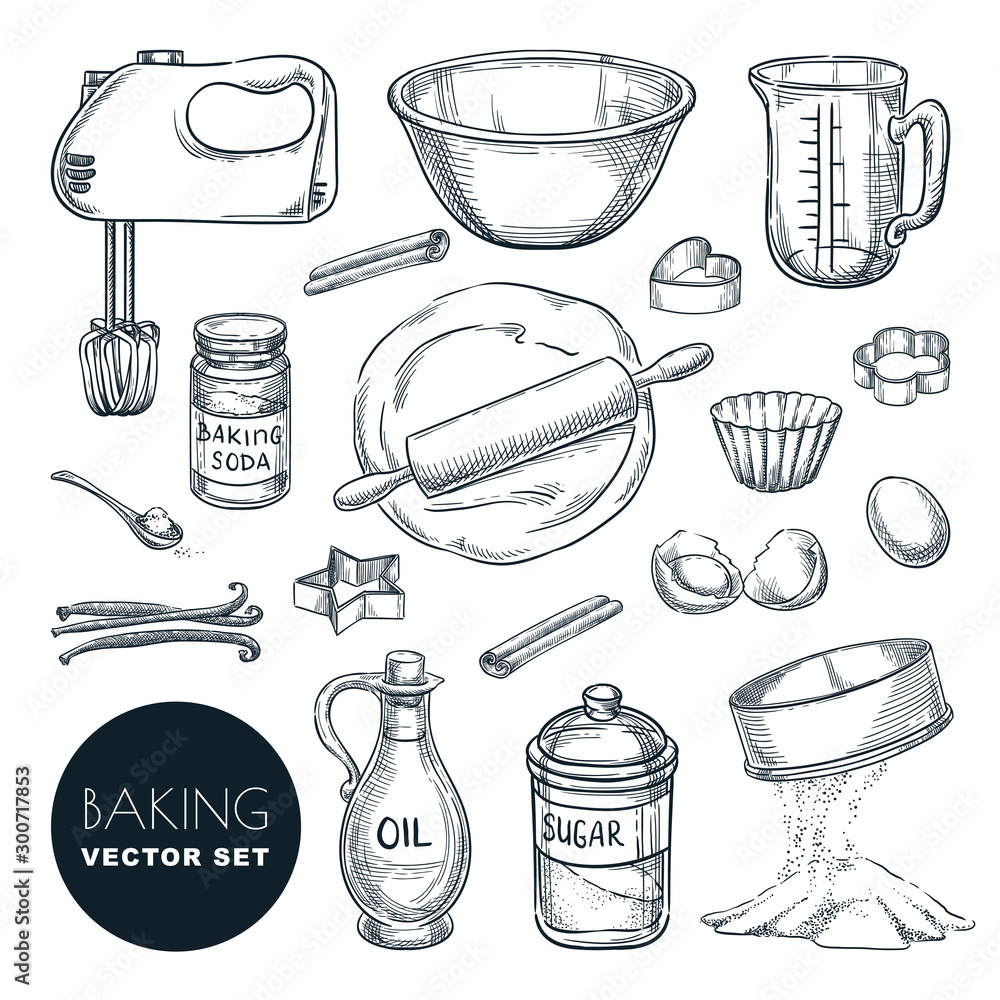 Baking ingredients and kitchen utensil icons. Vector flat cartoon ...