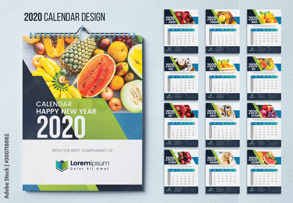 Wall Calendar Layout with Blue and Green Geometric Elements Stock ...