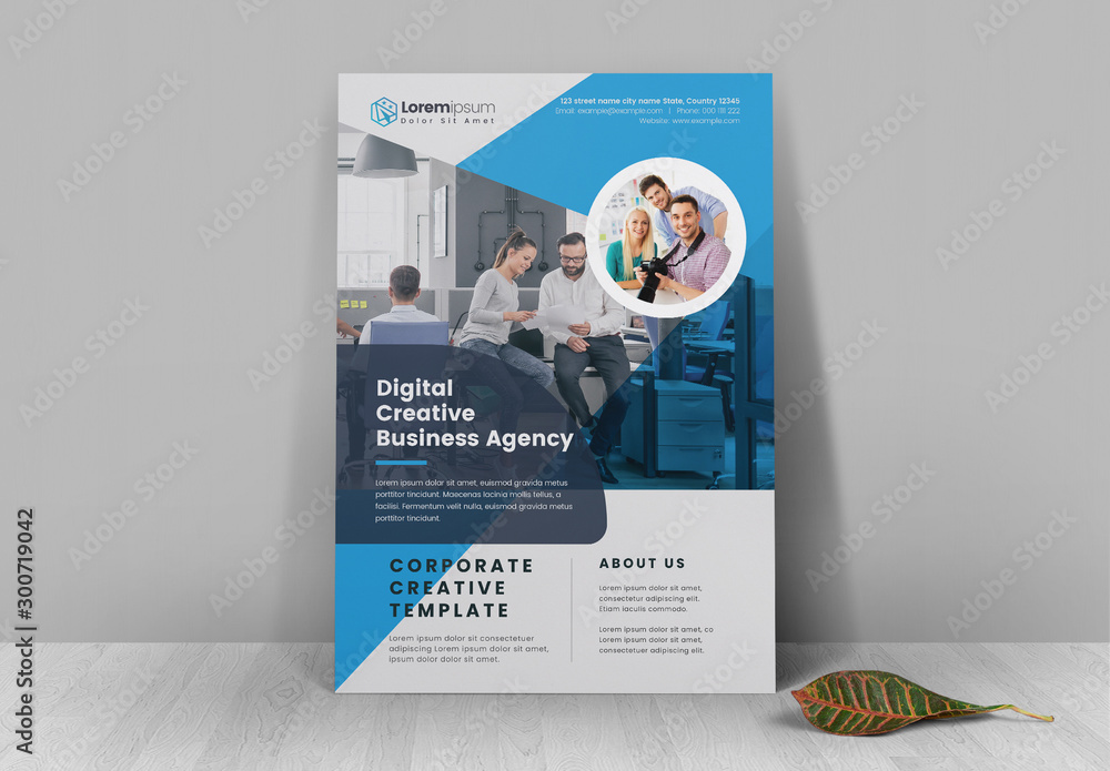 Flyer Layout with Blue Overlay Elements Stock Template | Adobe Stock