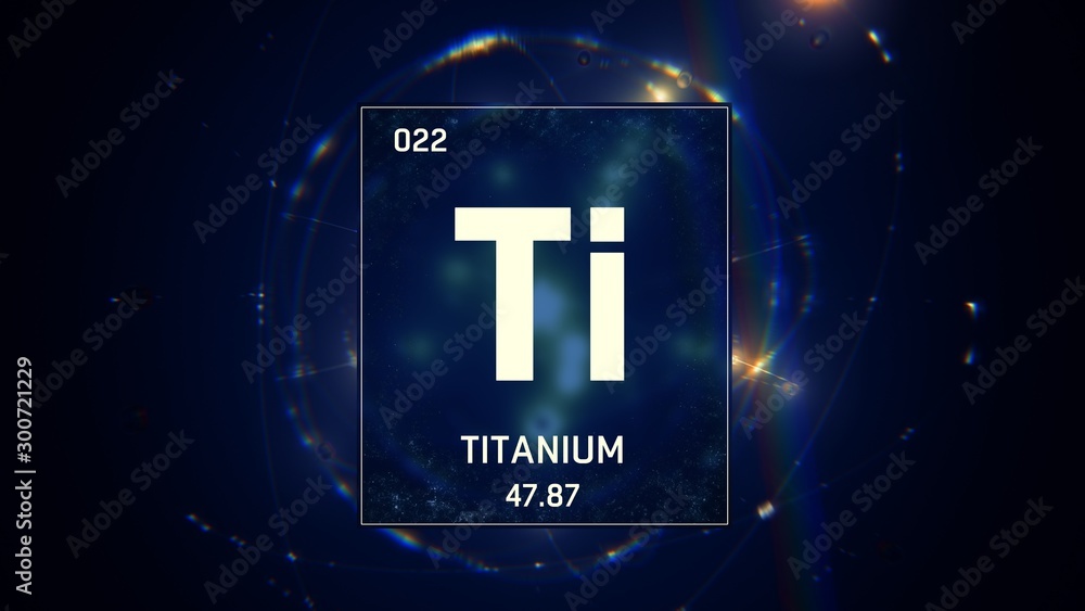 3D illustration of Titanium as Element 22 of the Periodic Table. Blue ...