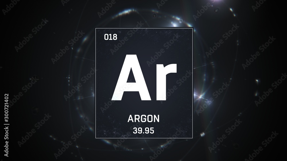 3D illustration of Argon as Element 18 of the Periodic Table. Silver ...
