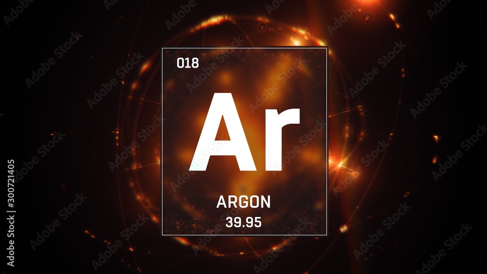 3D illustration of Argon as Element 18 of the Periodic Table. Orange ...