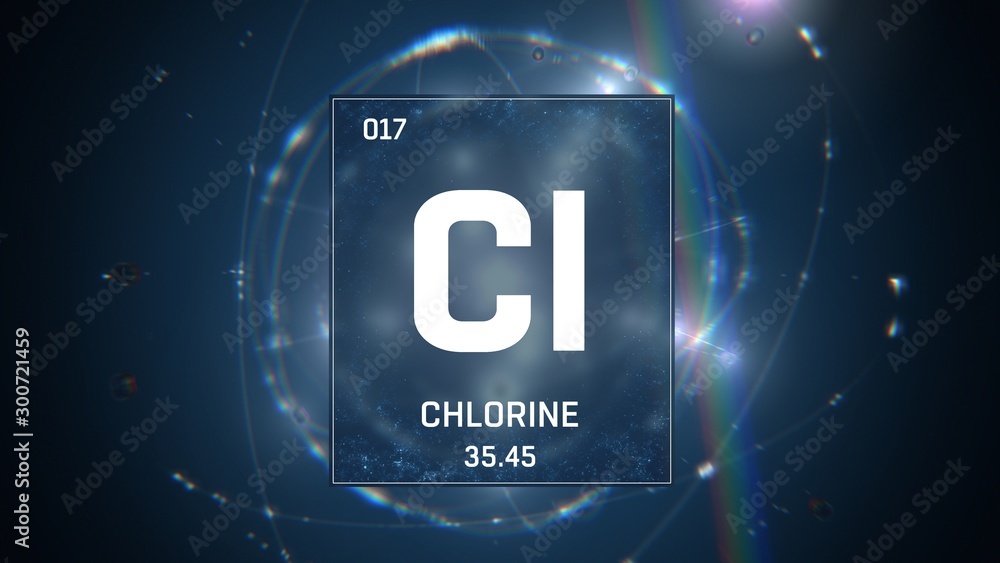 3D illustration of Chlorine as Element 17 of the Periodic Table. Blue ...