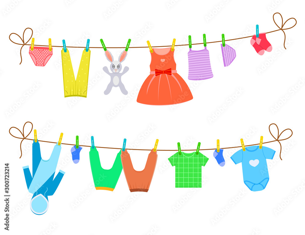 Cartoon Color Clothes on Clothesline Set. Vector Stock Vector | Adobe Stock
