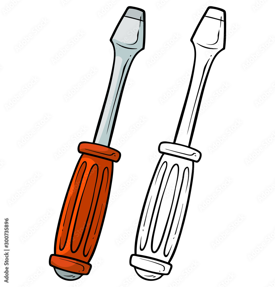 Cartoon metal screwdriver with orange plastic handle. Isolated on white ...