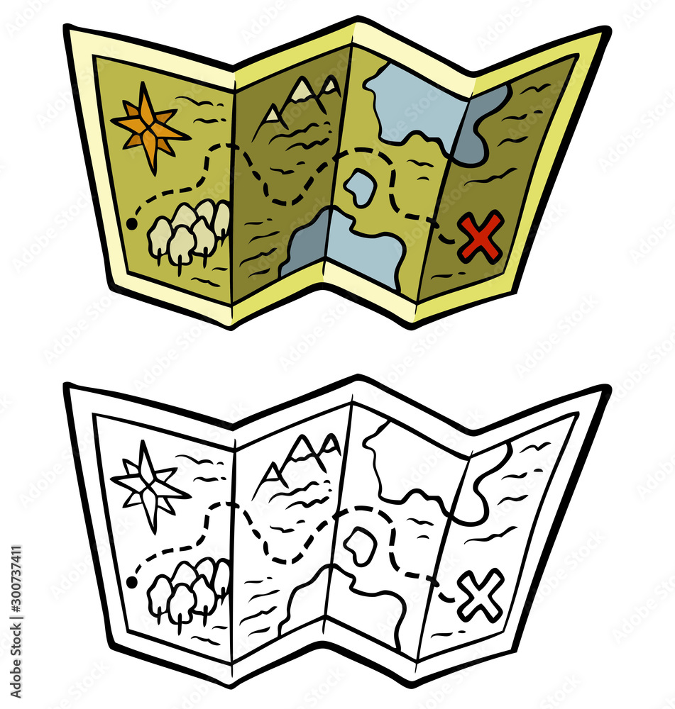 Cartoon tourist navigation geographical map. Isolated on white ...