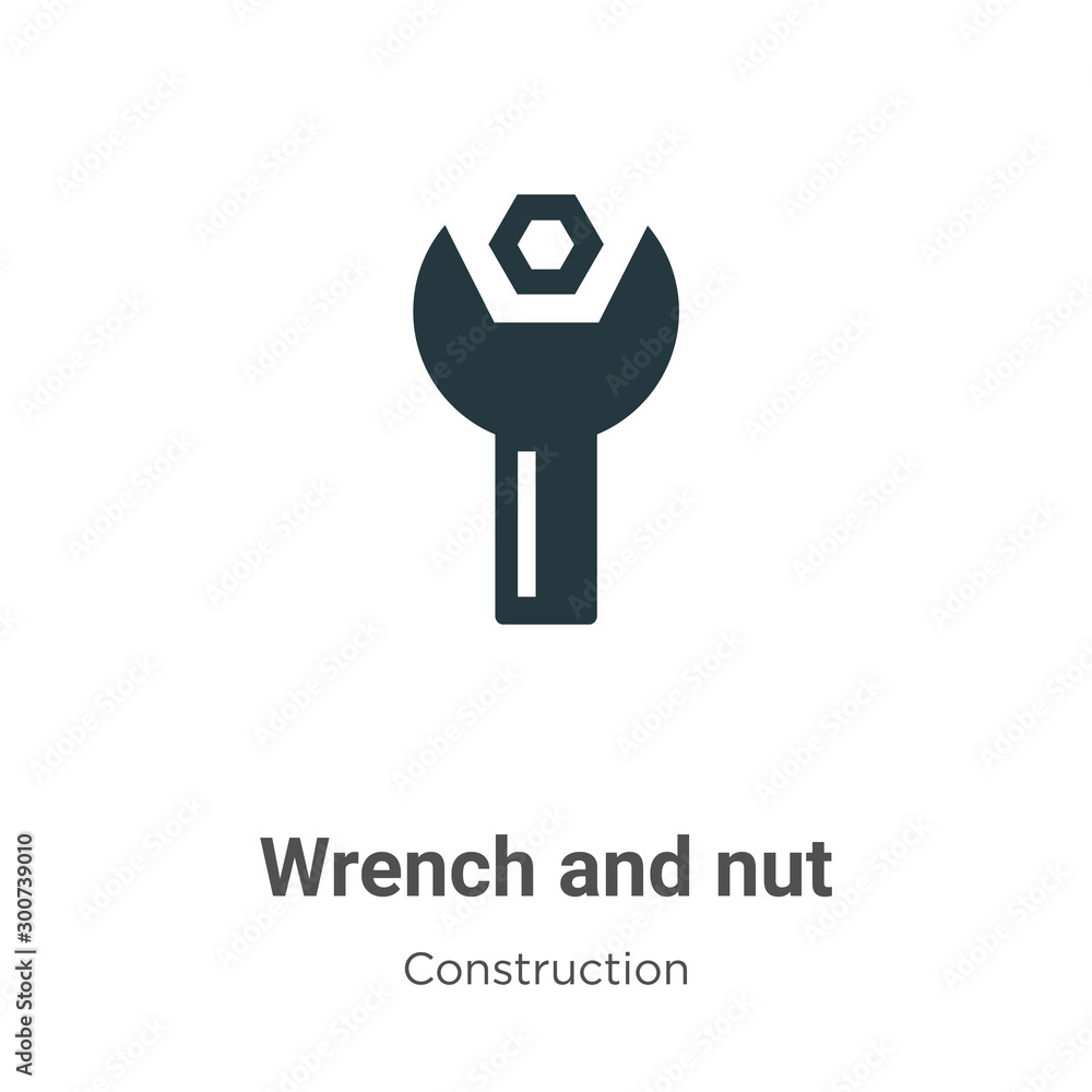 Wrench and nut vector icon on white background. Flat vector wrench and ...