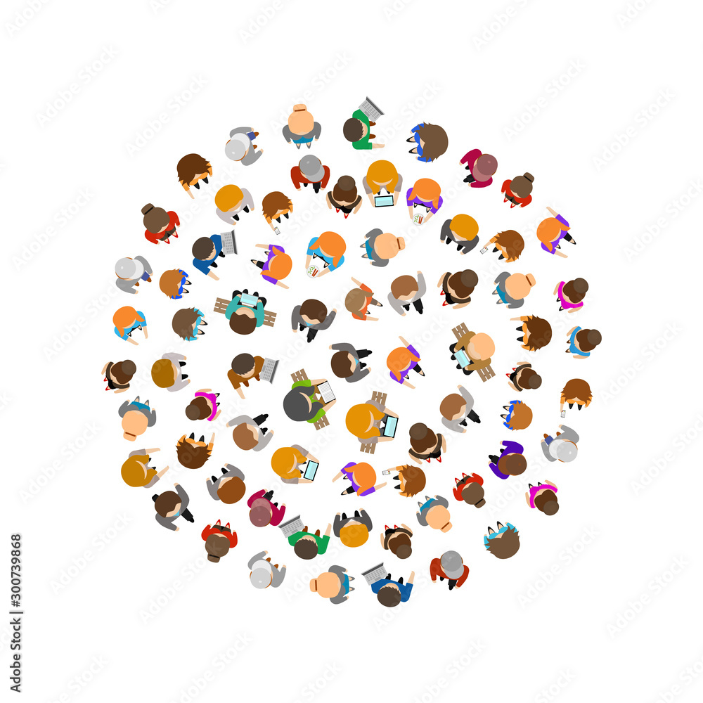 Cartoon Color People Standing Top View Round Design Template. Vector ...