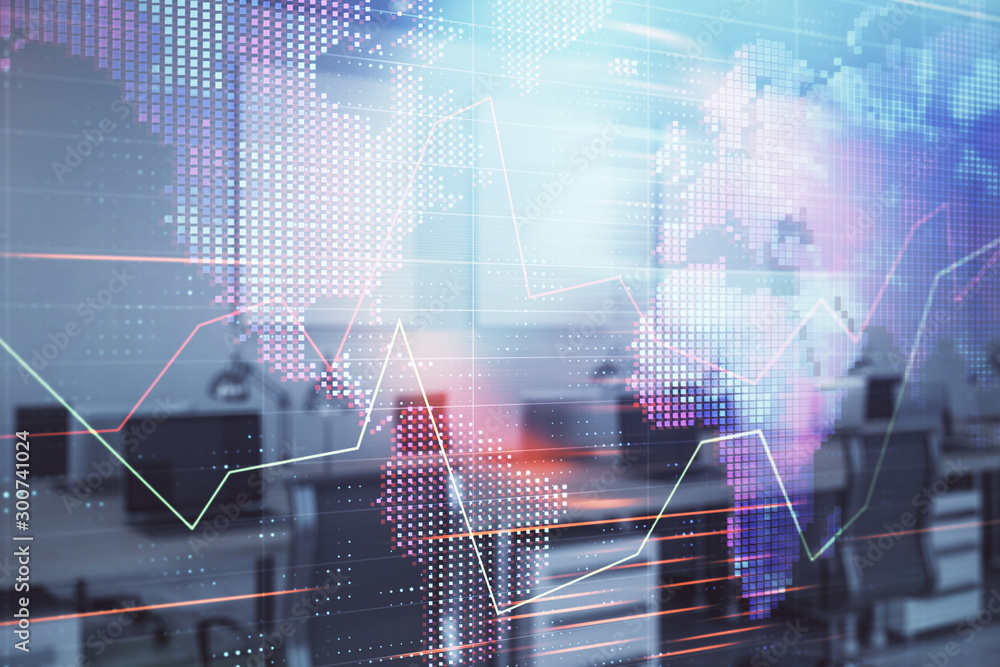 Stock and bond market graph and world map with trading desk bank office ...