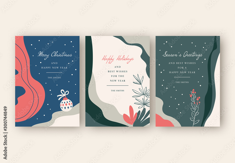 Holiday Card Layout Set with Minimalist Illustrations Stock Template ...