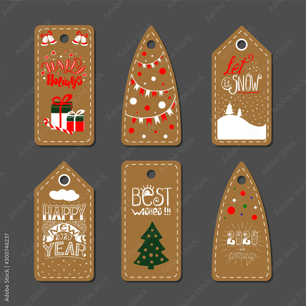 Merry Christmas Label Badge. Set of six printable hand drawn holiday ...