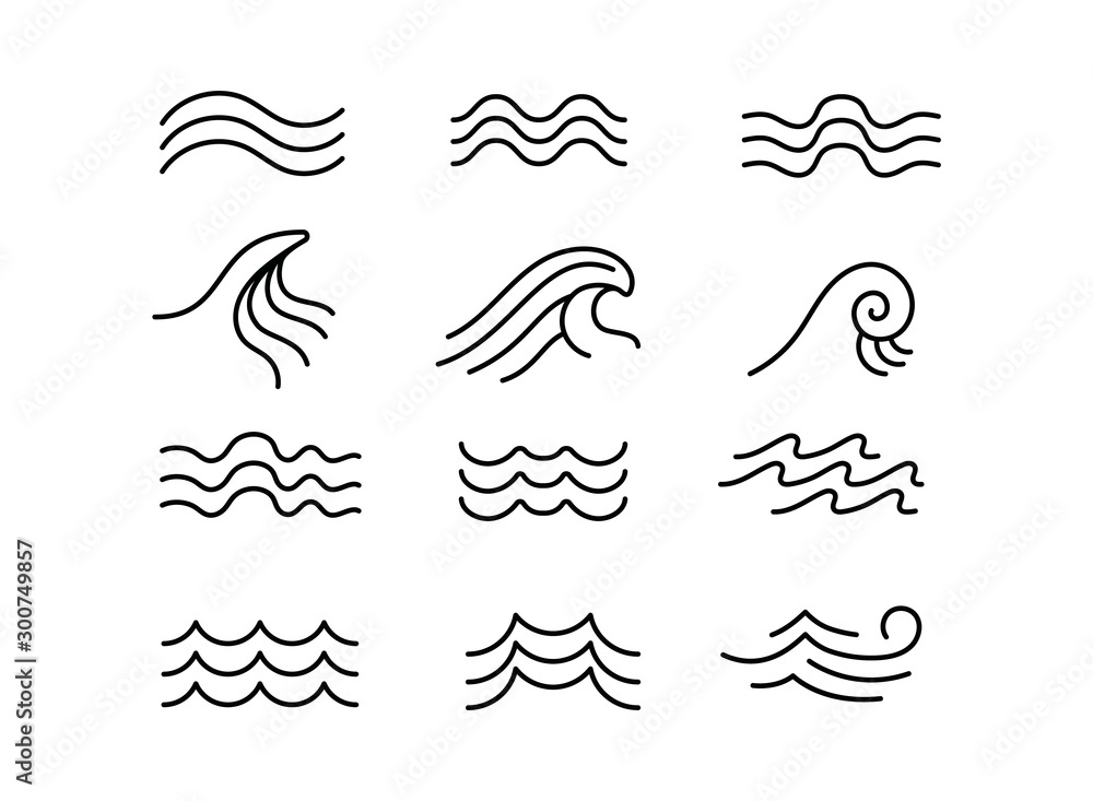 Line sea wave. Ocean water wavy elements, splashing blue storm waves ...