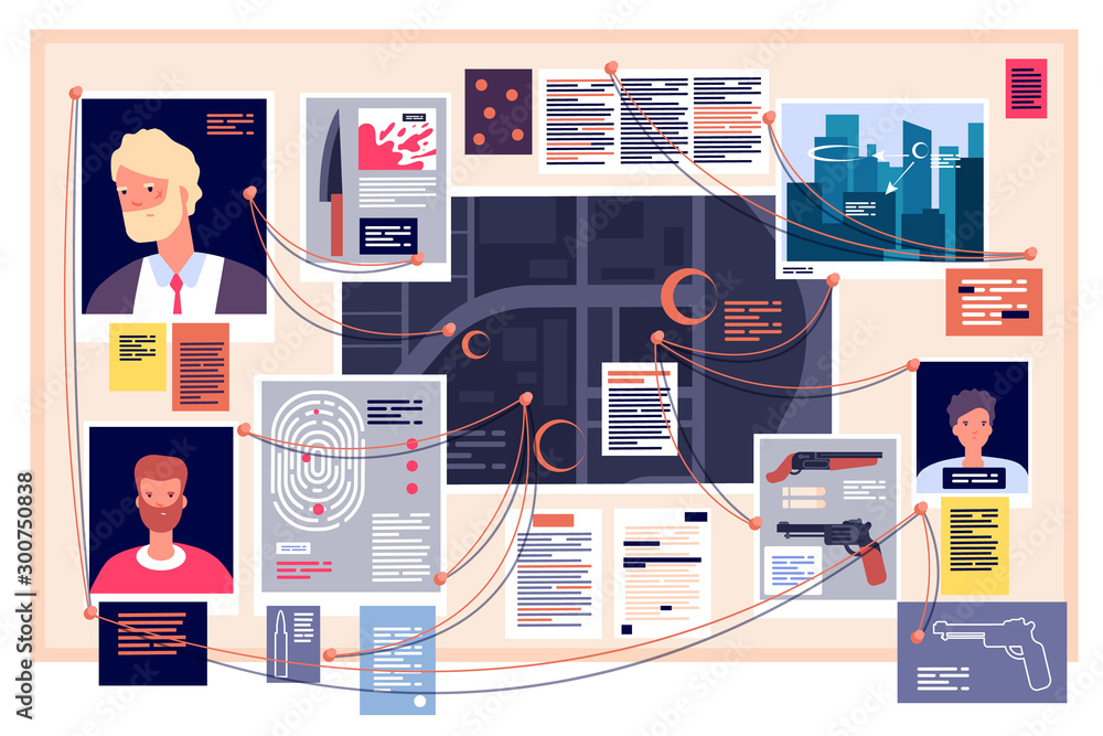 Detective board. Investigation dashboard with pinned photos, newspapers ...