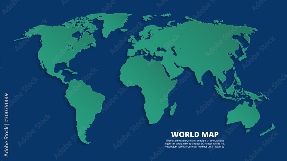 World 3d map. Earth green map on blue background. Vector template for ...
