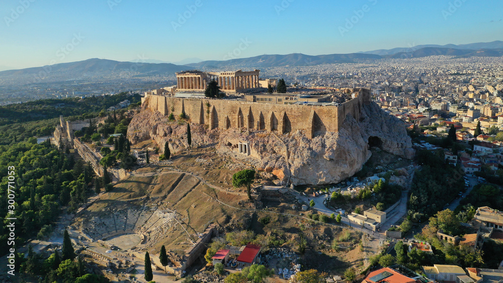 Aerial birds eye view photo taken by drone of iconic Acropolis hill and the masterpiece of ...