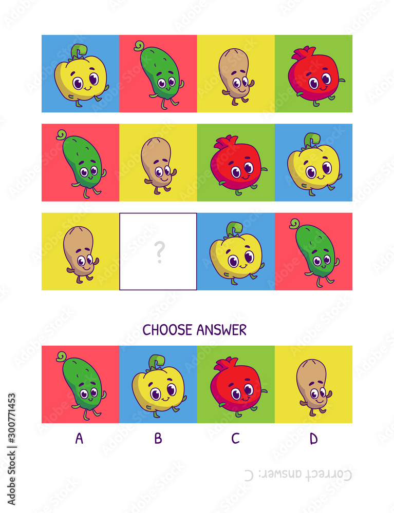 Cute pepper, cucumber, peanut, pomegranate . Logic game for children ...