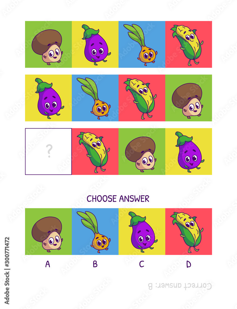 Cute champignon, eggplant, onion, corn. Logic game for children ...