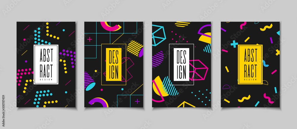Set cards in the style of the 80s with multicolored geometric shapes on ...