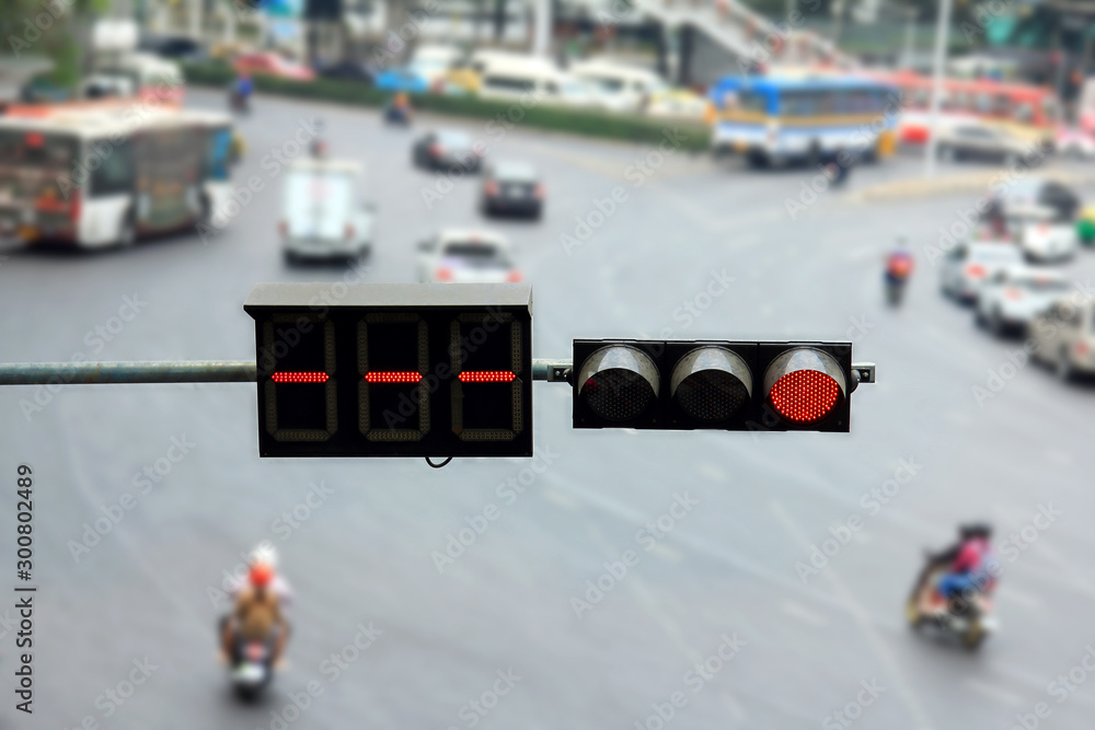 isolated with traffic light on the road,red circle light symbol on blur ...