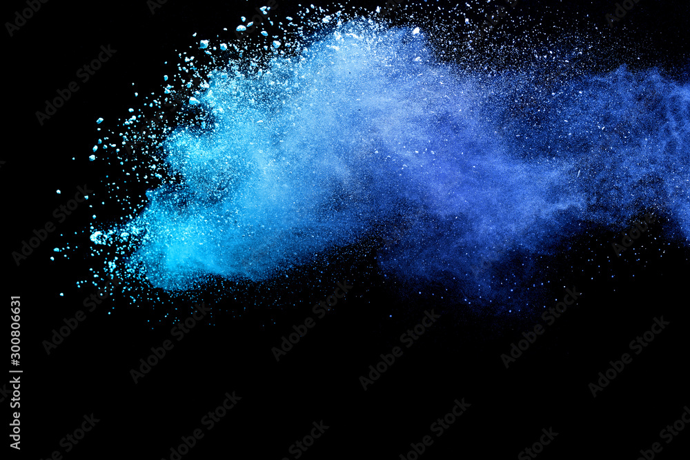 Blue sky color powder explosion on black background. Stock Photo ...