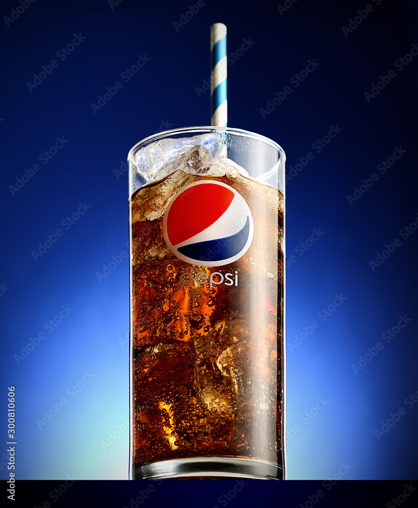 POLTAVA, UKRAINE, OCTOBER 17, 2017: glass of Pepsi-Cola with ice on ...