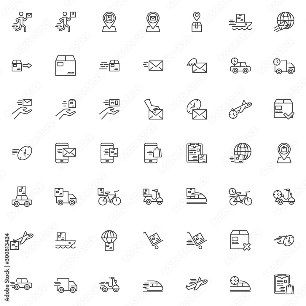 Express delivery line icons set. Fast shipping linear style symbols ...