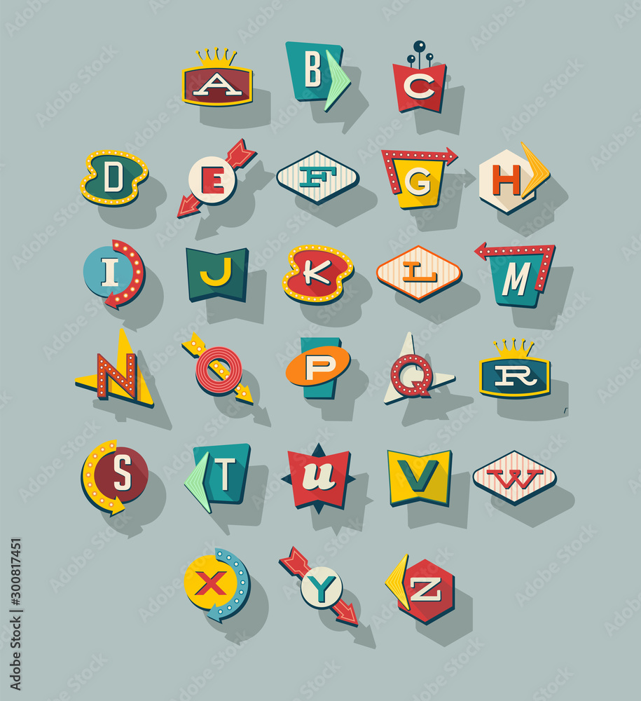 Dimensional retro style signs alphabet. Letters on vintage style signs ...