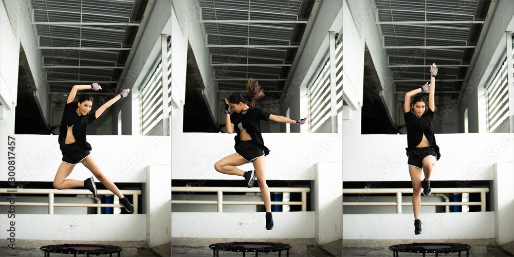 Foto Stock Asian Jumping Girl model jumps on a trampoline and throws ...