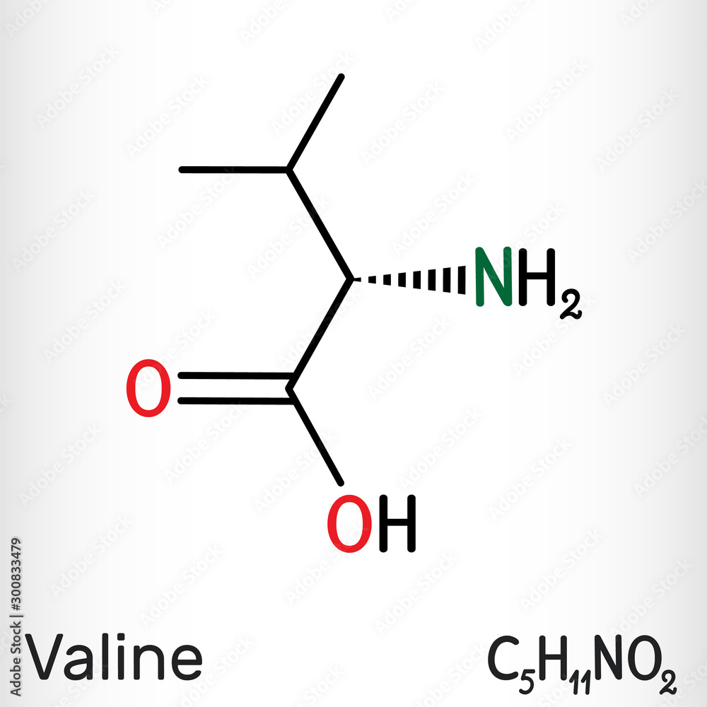 Valine, Val molecule, is α-amino acid . It is used in the biosynthesis ...