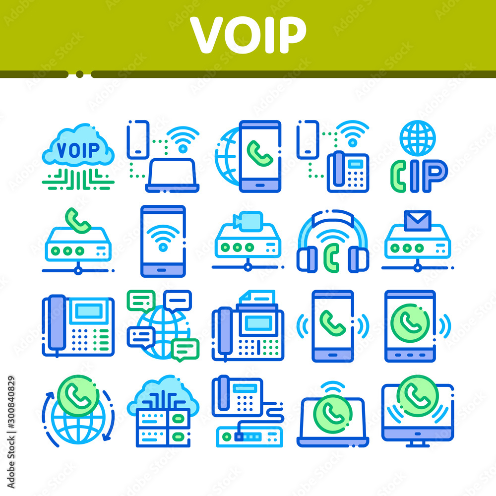 Vecteur Stock Voip Calling System Collection Icons Set Vector Thin Line ...