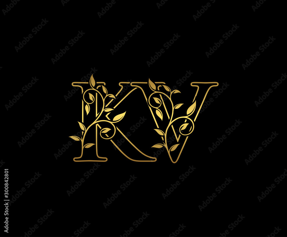 Golden letter K and V, KV vintage decorative ornament emblem badge ...