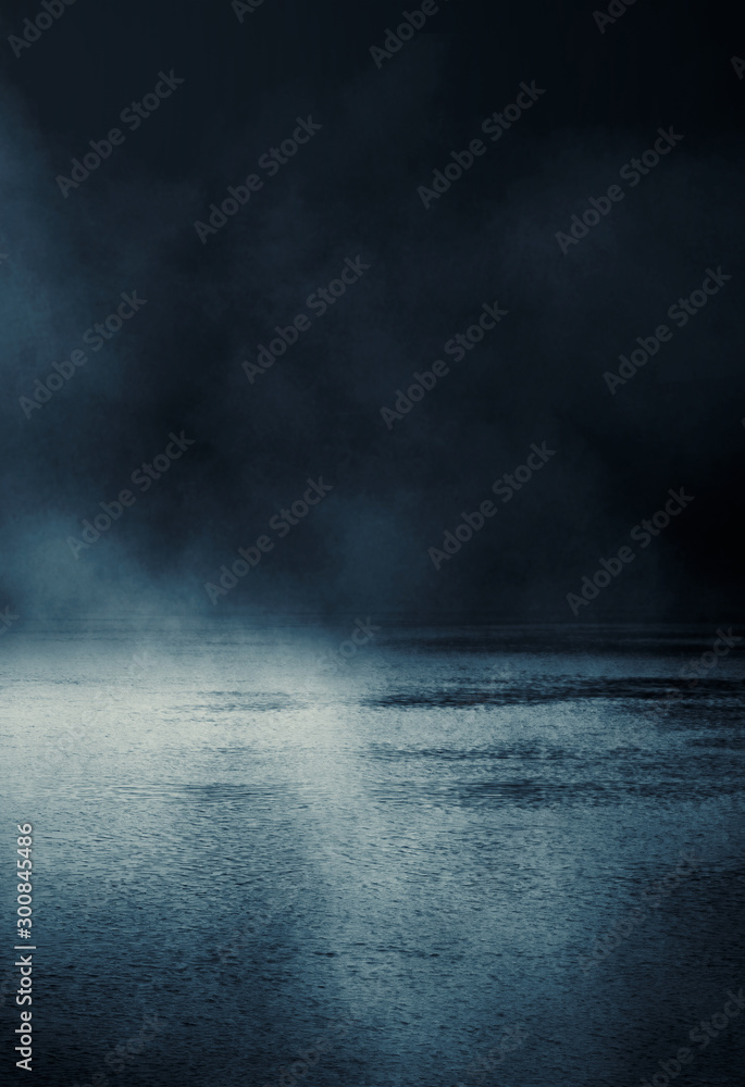 Empty background scene. Dark street reflection on wet asphalt. Rays of ...