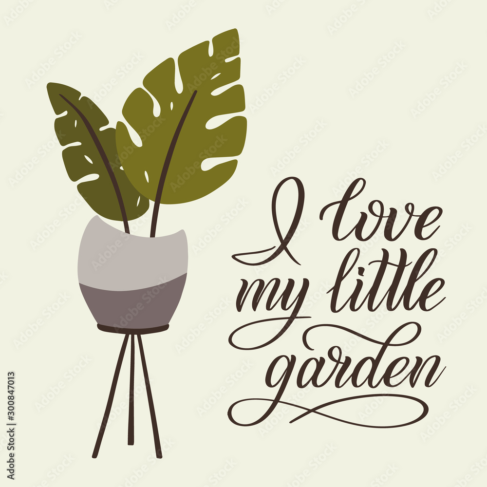 House potted plant and calligraphy quote I Love My Little Garden hand ...