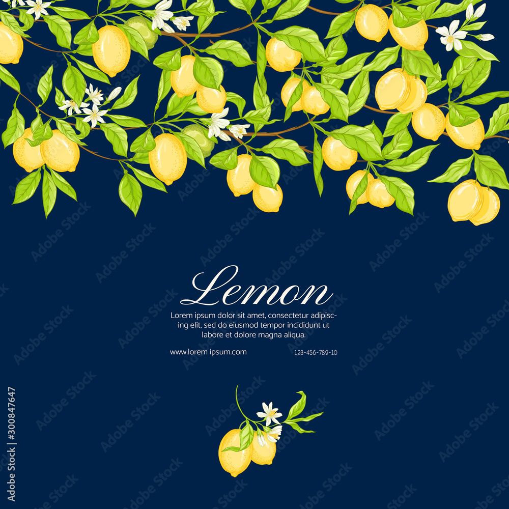 Lemon tree branch with lemons, flowers and leaves. Template for wedding ...