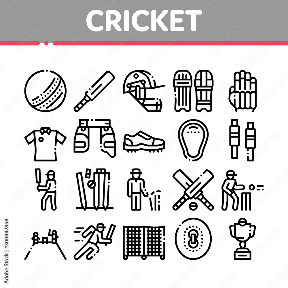 Cricket Game Collection Elements Icons Set Vector Thin Line. Cricket ...