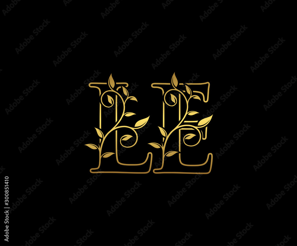 Golden letter L and E, LE vintage decorative ornament emblem badge ...