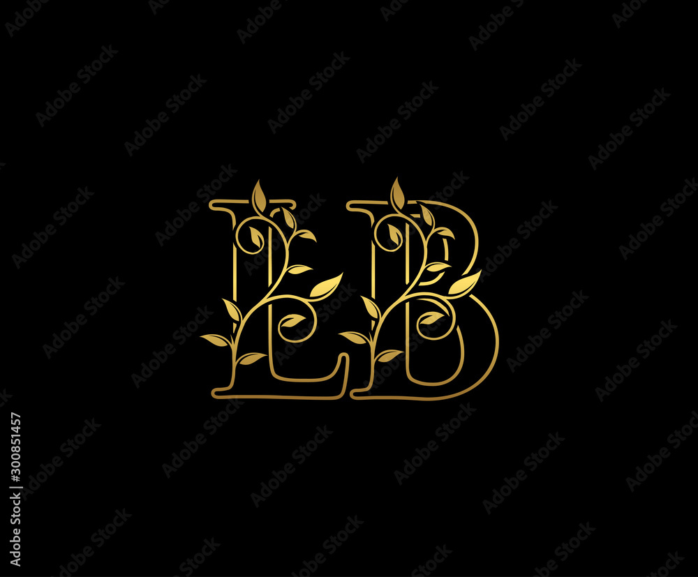 Golden letter L and B, LB vintage decorative ornament emblem badge ...