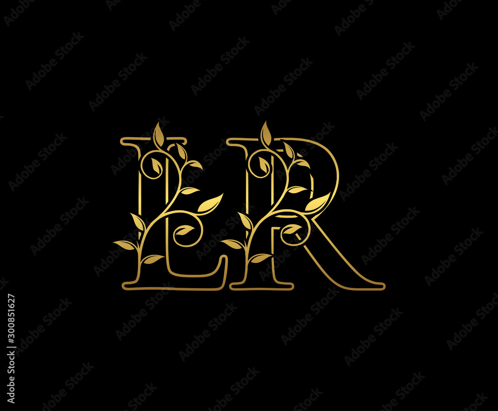 Golden letter L and R, LR vintage decorative ornament emblem badge ...