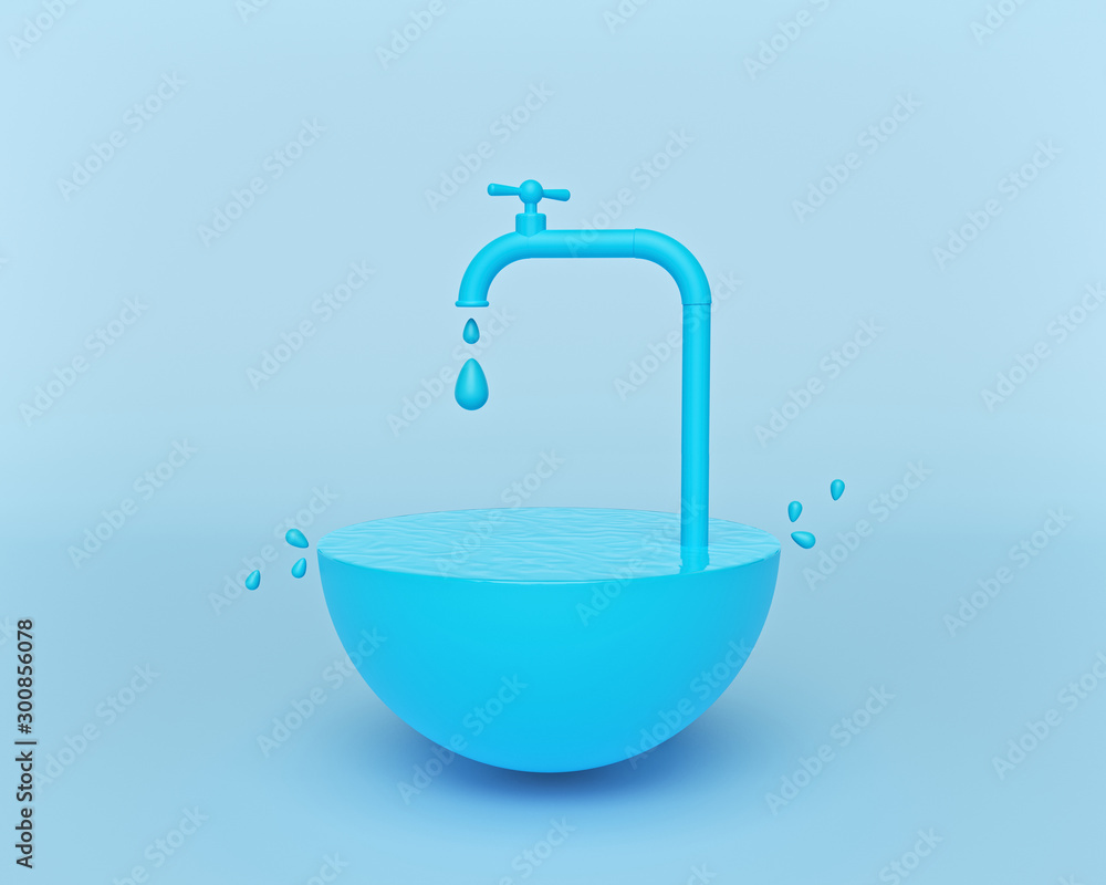 Water tap with drop isolated on pastel blue background. water ...