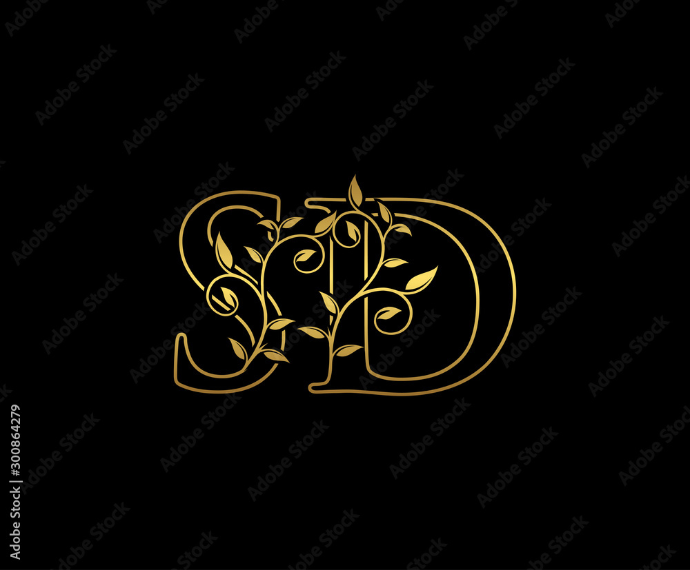 Golden letter S and D, SD vintage decorative ornament emblem badge ...